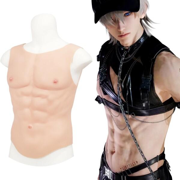 (JVTUNG) 筋肉スーツ 筋肉 イケメン筋肉 軽量薄型 男装女子 偽筋肉 仮装 シリコンスーツ 偽腹筋 偽筋肉 コスプレ 筋肉服 半身型 袖なし (アイボリー ホワイト) (アジア系黄色, 丸首筋肉スー