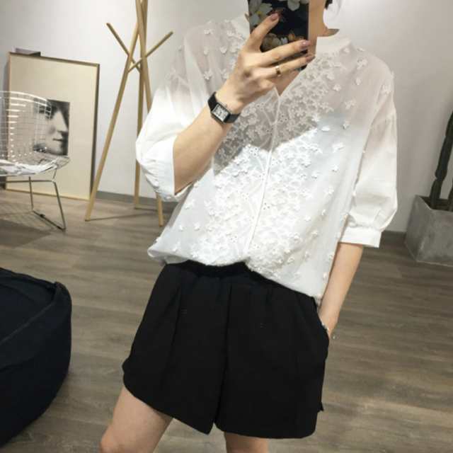 ブラウス トップス 花柄刺繍 透け チュニック シャツブラウス