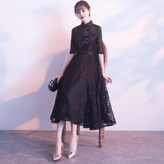 ドレス ワンピース チャイナ風ドレス パーティードレス 七分袖 結婚式 二次会 女子会 総レース シック Aライン ミモレ丈 披露宴 安い
