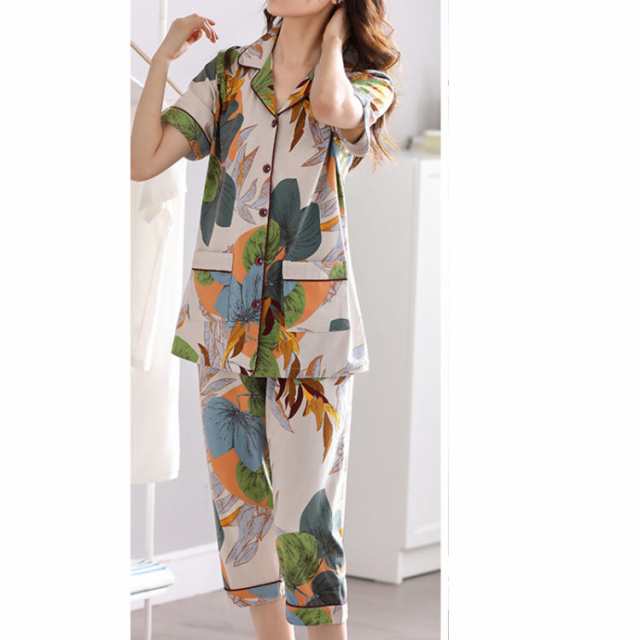 パジャマ モダール レディース フラワー柄 ショートパンツ 前開き ルームウェア 部屋着 大きいサイズ Vネック 半袖 七分丈パンツ 2点セット 柔らかい ゆったり 通気 肌に優しい 吸汗 春夏秋冬 四季通用 M L XL 2XL 3XL JITIFA