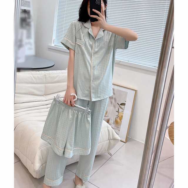 [WOJIAN]パジャマ レディース 夏 半袖 ルームウェア メンズ セットアップ 上下セット 前開きパジャマ 寝巻き 3点セット サテン ツルツルおしゃれ エレガント シンプル 無地 長ズボン 寝間着 ショーパン 春夏 秋冬 カップル 結婚お祝い JITIFA