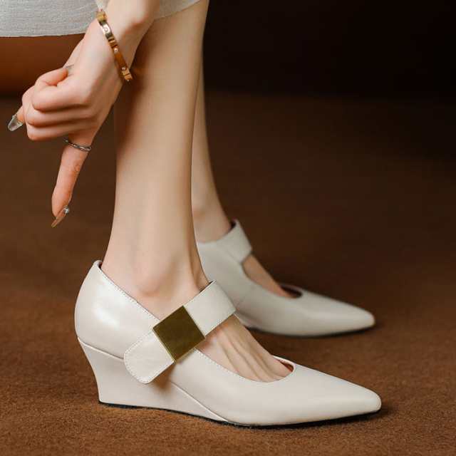 パンプス ストラップ きれいめ パンプス ポインテッドトゥ ウェッジソール 婦人靴 アーモンドトゥ ハイヒール ウェッジパンプス アーモンドトゥ 大人 婦人靴 ペタンコ 歩きやすい 疲れにくい オフィス 通勤