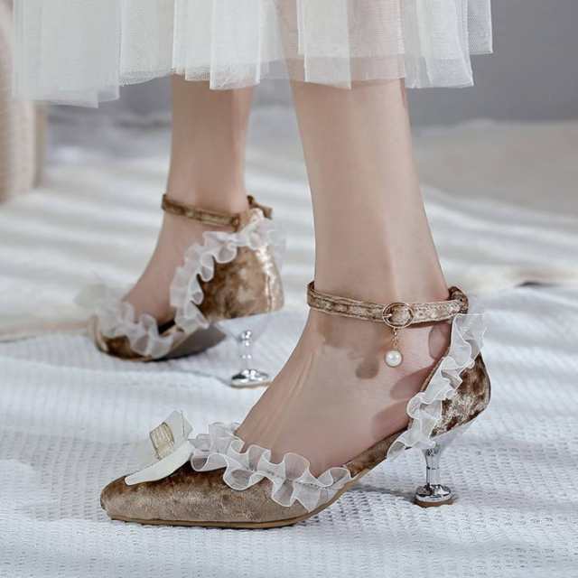 夢のリボンの先の甘い少女ハイヒールのクリスタルフリンジのリストバンドロリータ結婚式花嫁の靴ブライズメイドの靴 履きやすい おしゃれ シューズ 美脚 脚長 ストラップ ラメ 軽量 歩きやすい 痛くない美脚 ハイ ヒール ピン キラキラ 結婚 式 大人 靴 お呼ばれ