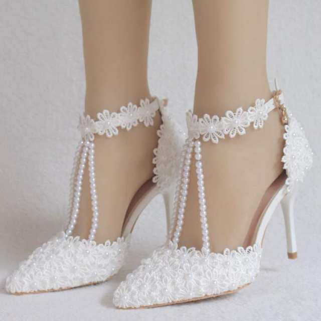 ピンヒール ハイヒール レディース ブライダル レディース ウェディングシューズ パンプス シューズ 靴 女性 フラットシューズ ハイヒール 大きいサイズ 真珠飾り 結婚式 痛くない パンプス 二次会 披露宴 パーティー 太ヒールパンプス 結婚式
