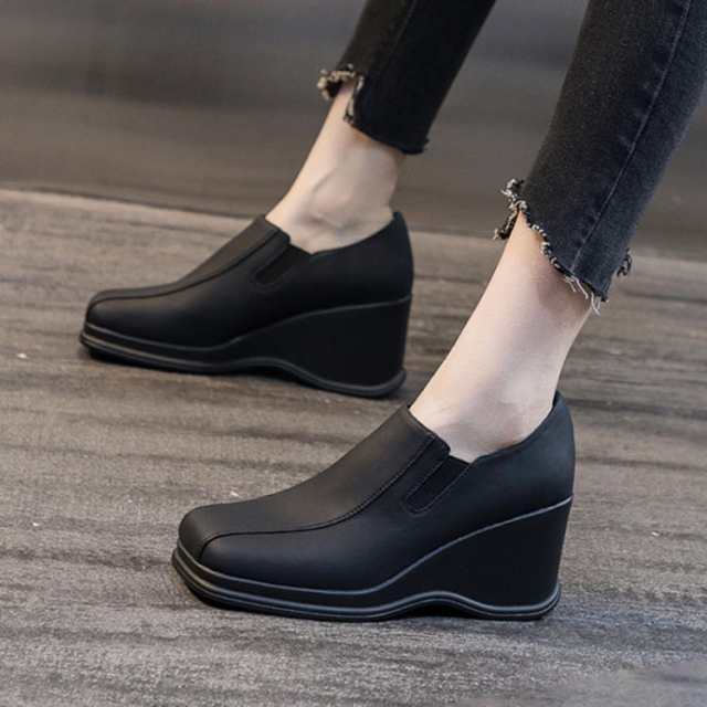 スクエアトゥ パンプス ハイヒール 前厚 ブーティ ブーティー レディース ショートブーツ 美脚 きれいめ ウェッジソール パンプス スリッポン 婦人靴 出張 敬老の日 プレゼント 通勤 皮靴