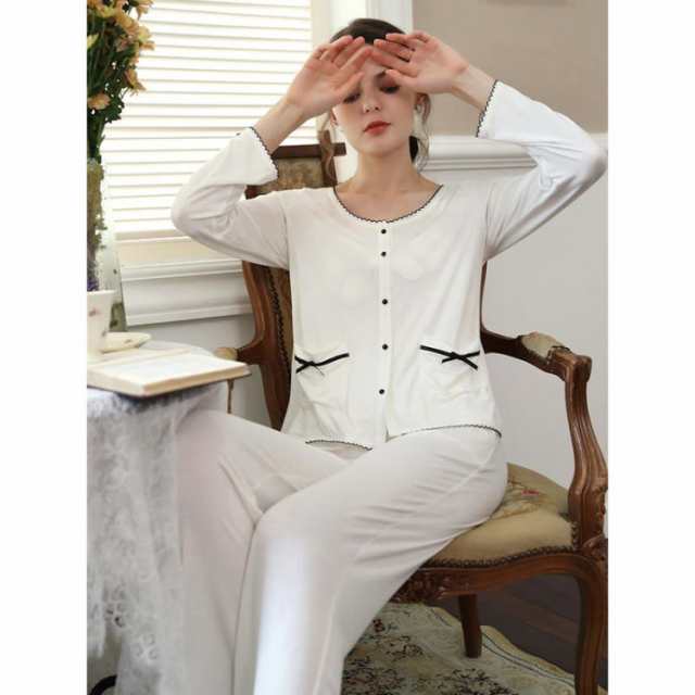 パジャマ レディース モダール ホワイト 上下セット 無地 Vネック ゆったり 3点セット 長ズボン 長袖 ルームウェア 室内着 薄手 ホームウェア 部屋着 フリル 春秋 肌に優しい 夏 おしゃれ やわらか 女性 お泊り 出張 旅行 合宿 通気 可愛い