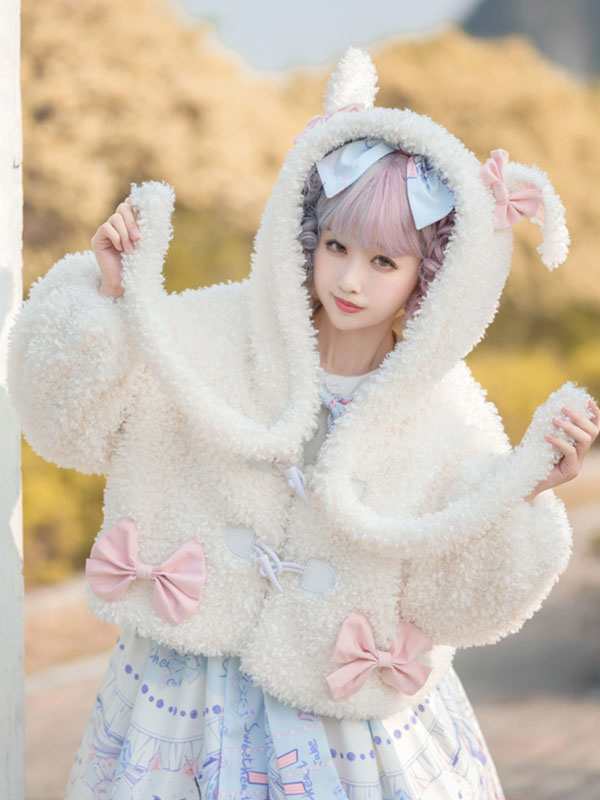 ホワイトロリータコートポンポンボウポリエステルオーバーコートカラーブロックボウロリータアウトウェア ホワイトロリータコートポンポンボウポリエステルオーバーコートカラー