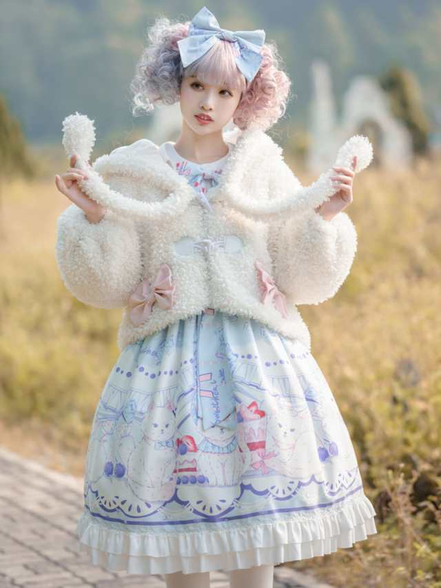 ホワイトロリータコートポンポンボウポリエステルオーバーコートカラー