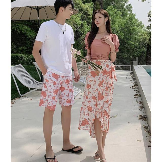 水着セット カップル水着 レディース タンキニ ビキニ 柄物 ショートパンツ ズボン メンズ 海パン サーフパンツ 男女ビーチウェア ピンク 夏ペアルック