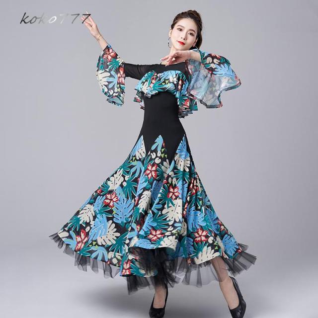 ロングドレス レディース ワンピース ラテンダンス 社交ダンス フリル パーティー 洋服 花柄 発表会 公演 舞台衣装 ワルツ ナショナルダンス イベント服