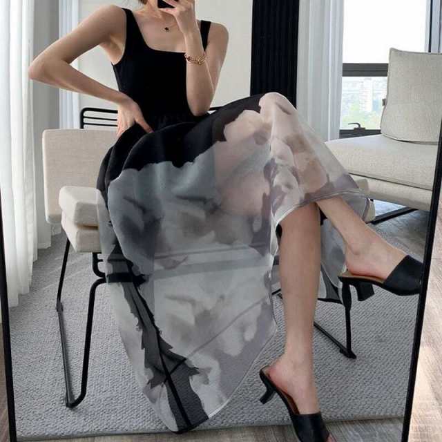 ワンピース キャミソール ドレス ミモレ ノースリーブ スクエアネック フレア 細身 シフォン ハイウエスト レースアップ 透け感 シースルー 大人可愛い カジュアル 上品 個性的 クール エレガント モダン 主役級 ラブリー キュート マーブル 春 夏 二次会 披露宴 ママ デート ワンピース キャミソール ドレス ミモレ ノースリーブ スクエアネック