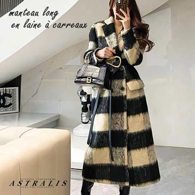 チェック ウール ロング コート レディース ミモレ丈 チェスターコート シャギー アウター テーラードコート 長袖 オーバーサイズ ロング丈 セミフレア スタンダードシルエット ダブルブレスト シンプル カジュアル エレガント フォーマル 暖かい 防寒対策 大人 上品 通勤