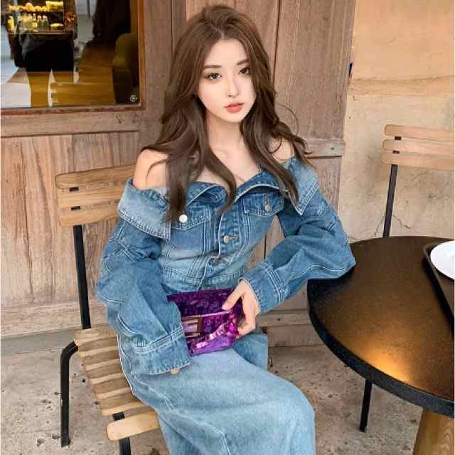 2点セット セットアップ 上下セット デニムトップス ショート丈 ワイドパンツ デニム ポケット オフショルダー かわいい 大人可愛い きれいめ シンプル カジュアル 大人 上品 おしゃれ かっこいい レトロ クール 女子 こなれ感 個性的 主役級 存在感 メンズライク