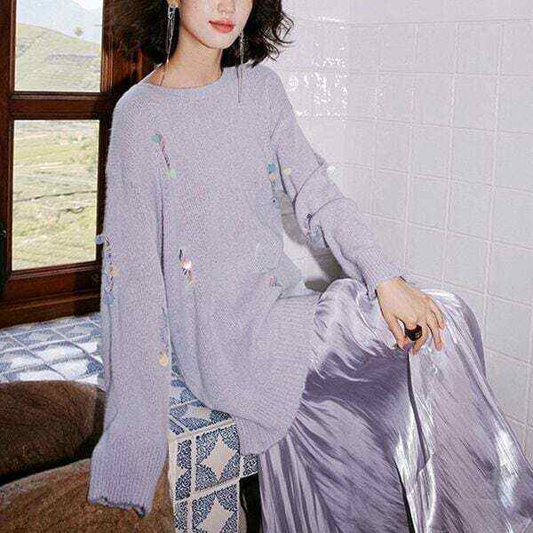 スパンコールダメージ ニットプルオーバー レディース トップス ニット プルオーバー 長袖 萌袖 ボートネック ワイド スパンコール ニット 伸縮性 かわいい 大人可愛い カジュアル おしゃれ こなれ感 ラフ ルーズ 主役級 抜け感 春 秋 冬 デート お出かけ 女子会 体型カバー S