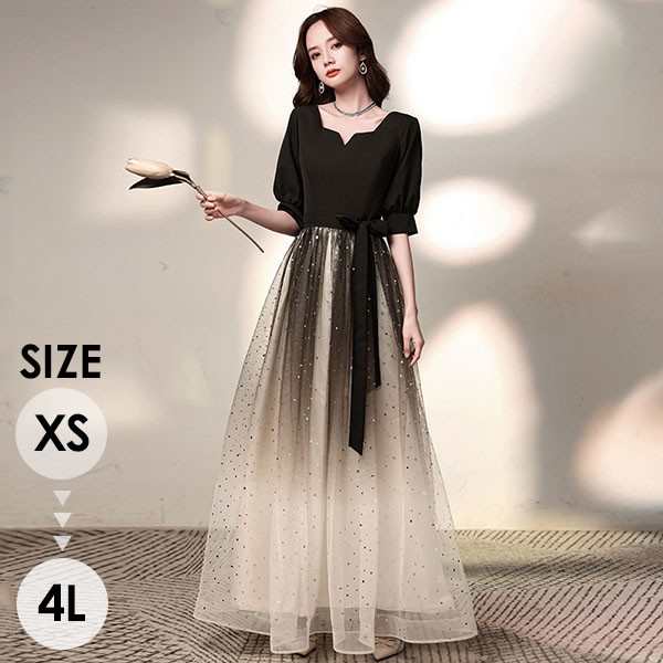 パーティードレス ロング 演奏会 袖付き キラキラ ドレス ブラック 黒 小さいサイズ XS 大きいサイズ 4L ぽっちゃり 半袖 長袖 成人式 同窓会 大人 ピアノ 発表会 演奏会 Aライン 結婚式 ステージドレス 二次会 母親 ウエディング ハワイ ワンピース