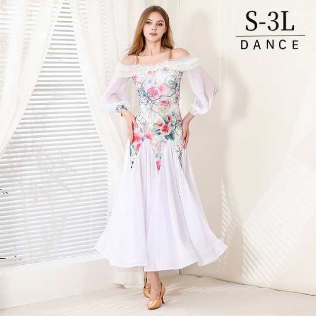 社交ダンス ドレス フリル モダンドレス 白 ホワイト 花柄 社交ダンス衣装 長袖 大きい裾 オフショルダー 肩出し モダン スタンダード ワルツ レディース ワンピース ダンス衣装 ステージ衣装 イベント   競技用 コンクール 練習着 レッスン 舞台用 演奏会 d1373d7d7m6