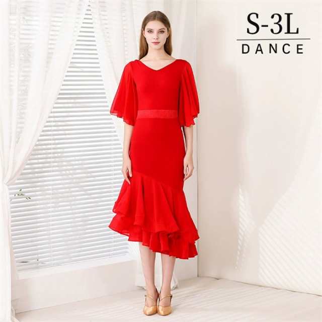 社交ダンス ドレス フリル ミモレ丈 モダンドレス 赤 レッド 社交ダンス衣装 モダン スタンダード ワルツ ラテン チャチャチャ ルンバ サンバ ワンピース 無地 ダンス衣装 ステージ衣装 パーティー 発表会 競技用 コンクール 練習着 レッスン 舞台用 演奏会 d1376d7d7m6