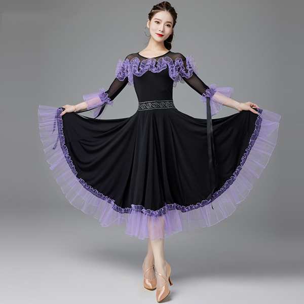 社交ダンス ドレス 練習着 スタンダード ドレス パーティー フリル 社交ダンス衣装 ワンピース スタンダード ドレス 社交ダンス ヴィーナスダンスウエア 広がる 舞台 豪華 長袖 ワルツ 発表会 団体 デモ パープル 赤 S M L 2L 3L us013s1s1l9