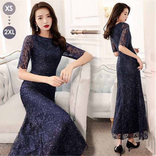 ロングドレス 演奏会 袖付き 大人 ピアノ 発表会 マーメイドライン 母親 結婚式 パーティードレス ワンピース フォーマルドレス イブニングドレス 30代 40代 50代 大きめ 大人 レース 成人式 同窓会 お呼ばれ 二次会 フォーマル 披露宴 ネイビー
