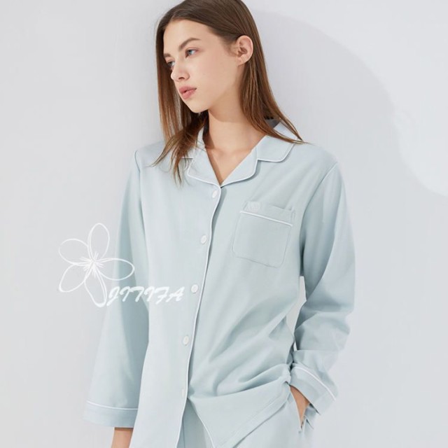 パジャマ カップル 綿100 ブルー 前開き Vネック 長袖 長ズボン 薄手