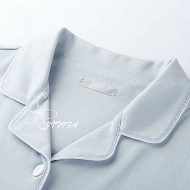 パジャマ カップル 綿100 ブルー 前開き Vネック 長袖 長ズボン 薄手