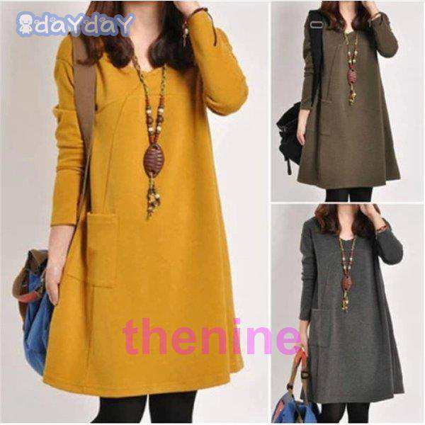 ワンピース レディース 膝丈 チュニック チュニックワンピース 長袖 秋冬 体型カバー 着痩せ ゆったり カジュアル お洒落 通勤 ライン 大人 30代 40代