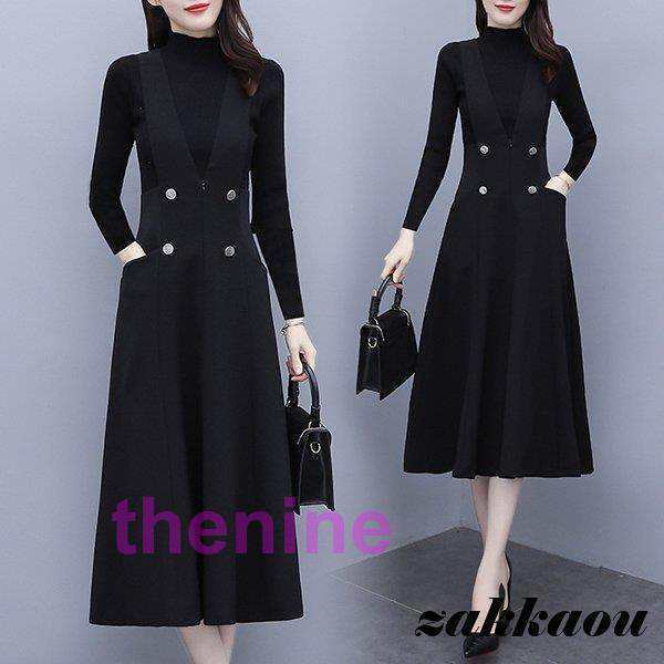 ワンピース レディース 秋 冬 40代 きれいめ 2点セット 長袖 セーター サロペット ロング丈 上品 大きいサイズ パーティードレス おしゃれ 韓国風 着痩せ 新品