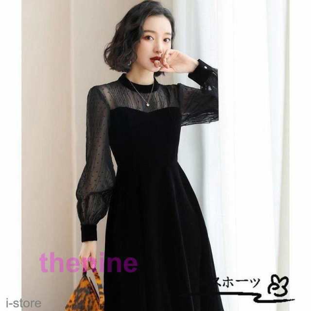 ワンピース レディース きれいめ ベロアワンピース 秋 冬 ミディアム丈ワンピース レース繋がり 長袖 フォーマルワンピース 二次会 通勤 OL 30代 40代 着痩せ