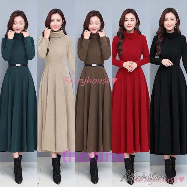 ワンピース レディース 40代 きれいめ マキシワンピース 秋冬 長袖ワンピース ハイネック Aラインスカート オシャレ大人 通勤OL 体型カバー 厚手インナーワンピ