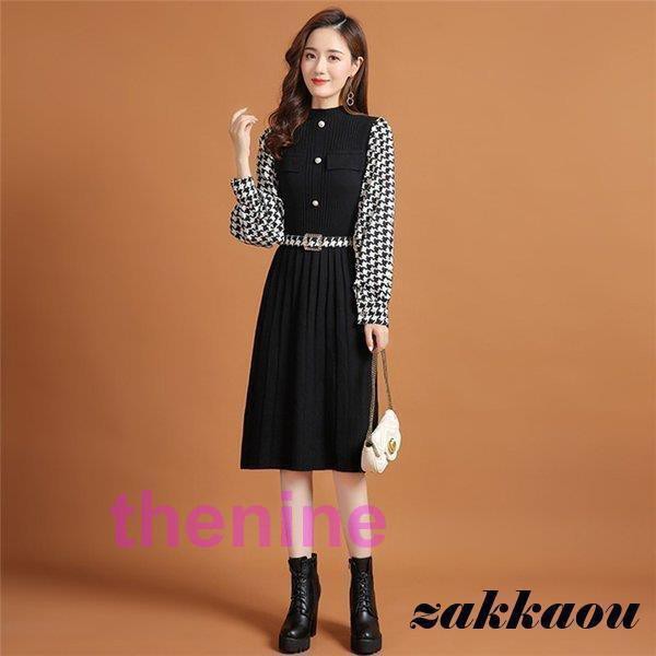 ニットワンピース バイカラーワンピース 長袖 体型カバー レディース 膝丈 シャツ袖 着痩せ ひざ丈 ニット 切り替え 大きいサイズ 秋 冬 上品 30代 40代 50代