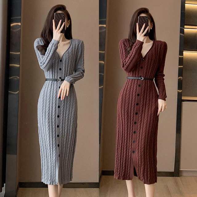 ニットワンピース レディース ケーブル編み 無地 ひざ丈 ミモレ丈 ミニワンピ クルーネック 長袖 秋冬物 ファッション 暖かい aライン おしゃれ
