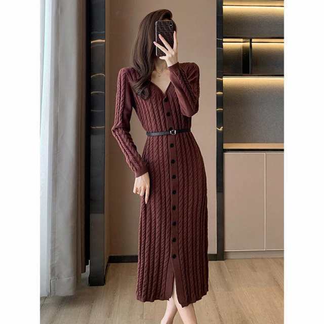 ニットワンピース レディース ケーブル編み 無地 ひざ丈 ミモレ丈