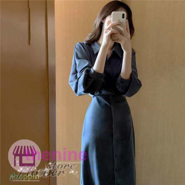 ワンピース シャツワンピース レディース ワンピ シャツワンピ 長袖 秋 春 ロングワンピース ロング丈 ウエストリボン レイヤード風 体型カバー ゆったり