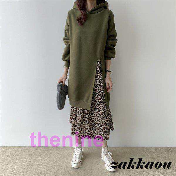 フェイクレイヤードパーカーワンピース ロングワンピース スウェットパーカーワンピース フード付き 体型カバー レディース 春 秋 冬 大きいサイズ 切り替え