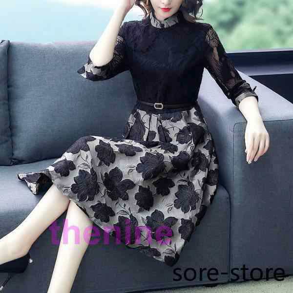 ワンピースレディース ワンピース長袖 レース刺繍花 ワンピース通勤 Aラインスカート ワンピースレディース秋 膝丈 20代30代40代50代 エレガントyd-4309