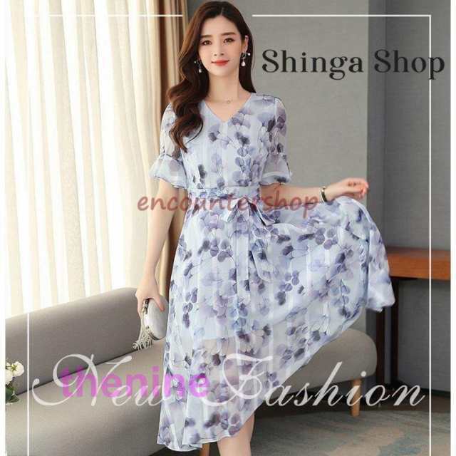 ワンピースレディース夏40代きれいめ膝丈ワンピース夏半袖シフォンワンピ花柄フリルロング丈ワンピオシャレ着痩せ上品新作