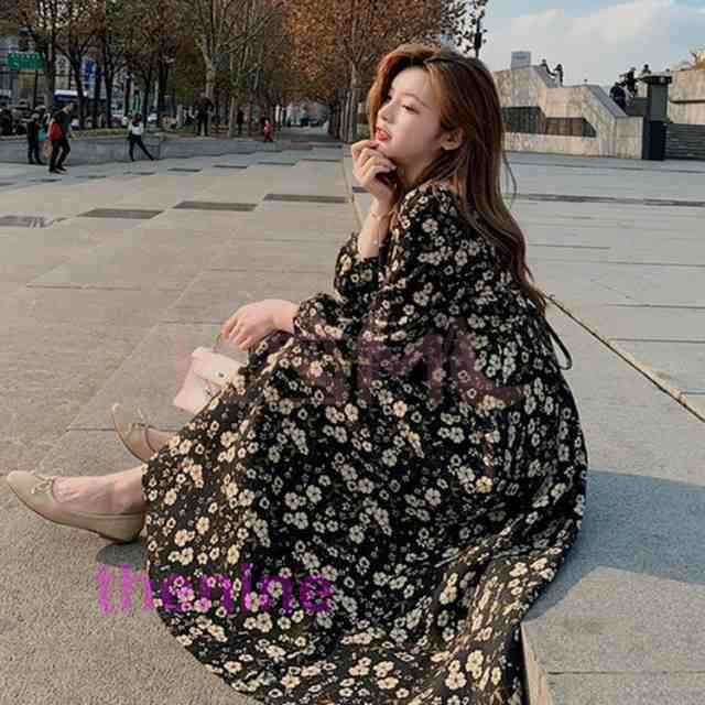 ワンピース レディース 40代 春秋 キレイめマキシ丈ワンピース 長袖 花柄シフォンワンピース パフスリーブ vネック Aライン オシャレ 通勤 結婚式ドレス 着痩せ