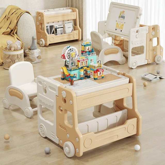 2点セット 子供デスクセット キッズデスク チェア 学習机セット 多機能 ブロックテーブル お絵かきボード ホワイトボード キッズテーブル 可愛い バス形 入園 お祝い