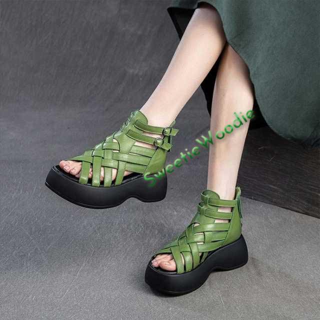 ブーツサンダル レディース 厚底 本革 グラディエーターサンダル 6cm 6センチ 牛革 厚底サンダル 編み込み オープントゥ 歩きやすい 美脚サンダル サマーブーツ バックジップ 22.5cm 23.0cm 23.5cm 24.0cm 24.5cm 25.0cm