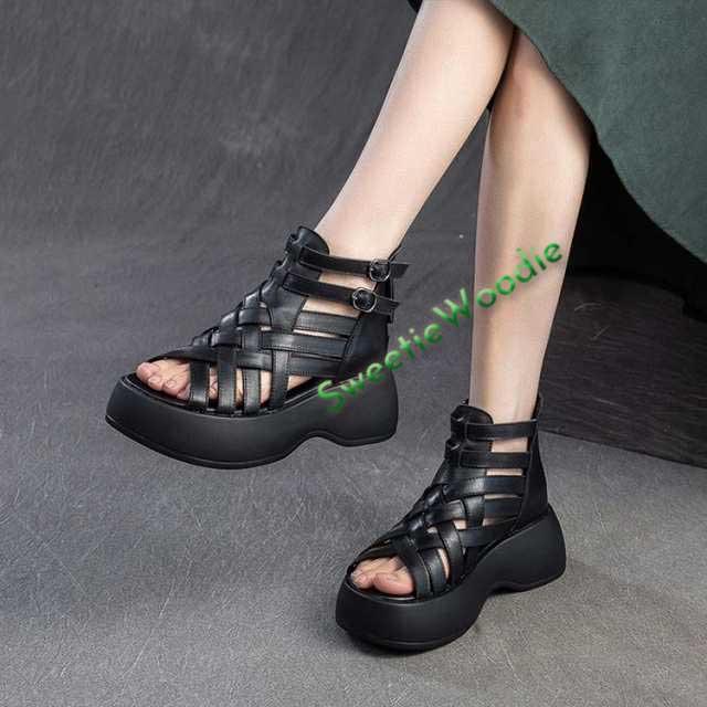 ブーツサンダル レディース 厚底 本革 グラディエーターサンダル 6cm 6センチ 牛革 厚底サンダル 編み込み オープントゥ 歩きやすい 美脚サンダル サマーブーツ バックジップ 22.5cm 23.0cm 23.5cm 24.0cm 24.5cm 25.0cm