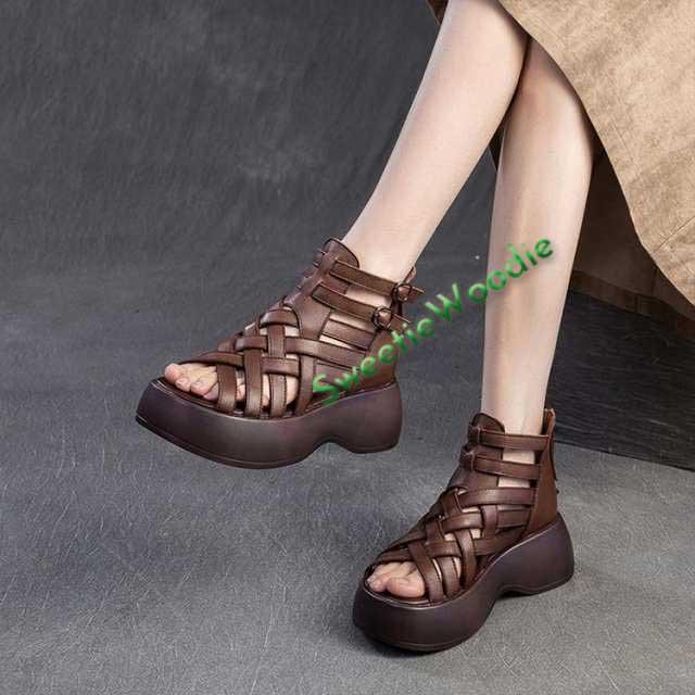 ブーツサンダル レディース 厚底 本革 グラディエーターサンダル 6cm 6センチ 牛革 厚底サンダル 編み込み オープントゥ 歩きやすい 美脚サンダル サマーブーツ バックジップ 22.5cm 23.0cm 23.5cm 24.0cm 24.5cm 25.0cm