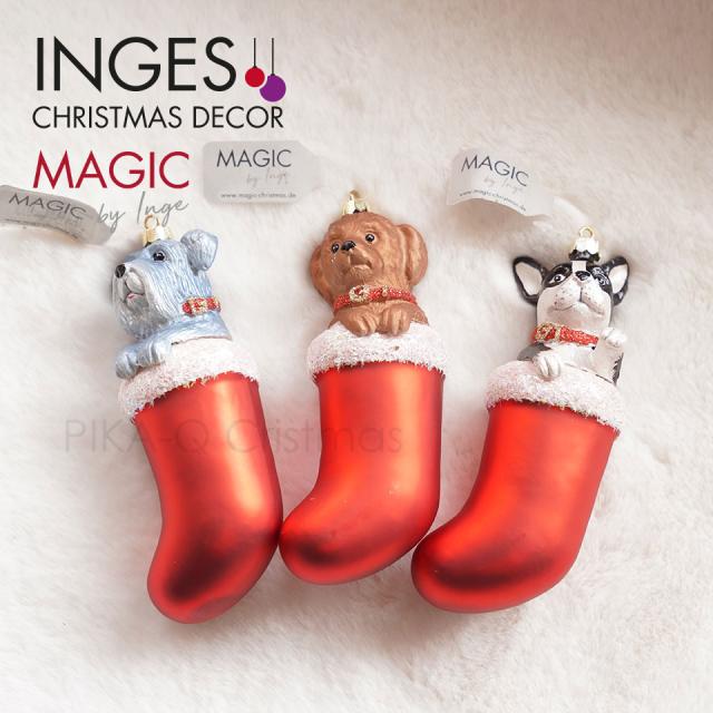【110011】 クリスマスツリー オーナメント ドイツ INGE-GLAS MAGIC 赤いクリスマスソックスに入ったイヌ 3個入の通販は ...