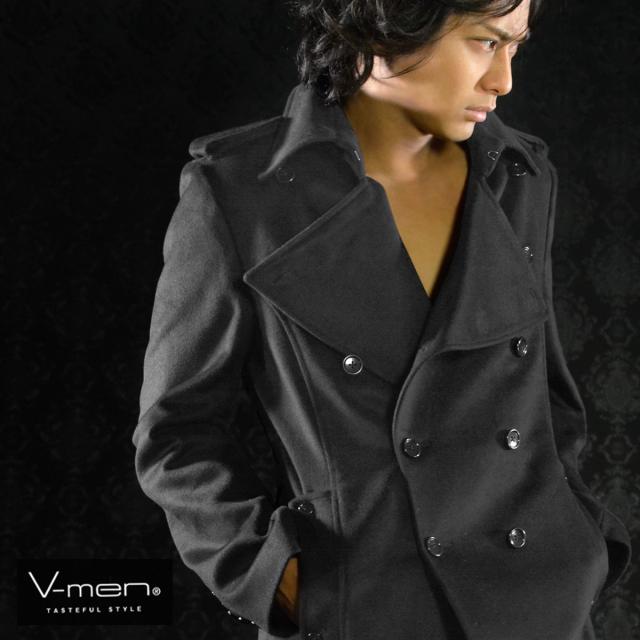 ロングコート ウール カシミヤ ダブル メンズ トレンチ ロング 無地 ナポレオン スリム(チャコールグレー灰) 931513