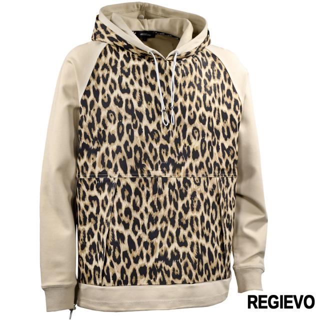 プルパーカー レオパード柄 メンズ ダブルフード プルオーバー 長袖(ベージュ茶) 05101