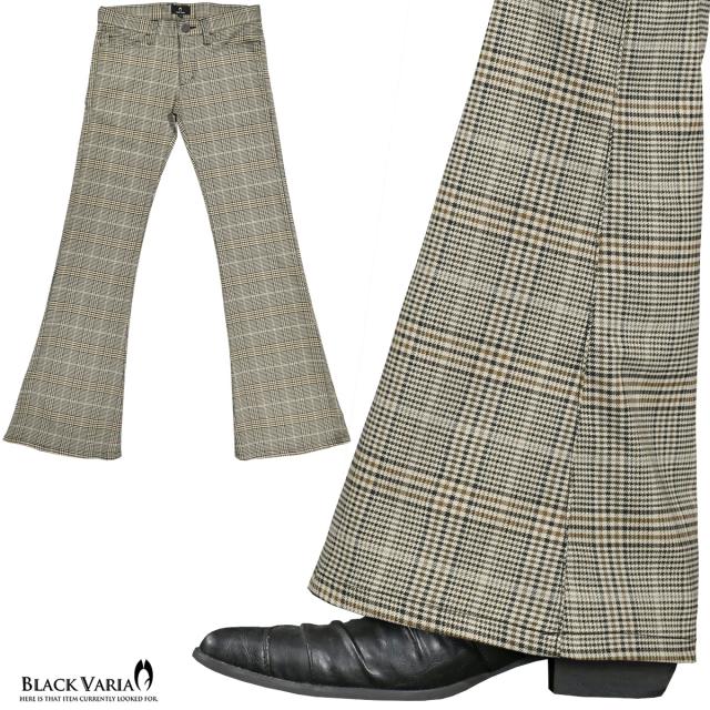 ベルボトム グレンチェック ローライズ ブーツカット メンズ フレア ストレッチ ボトムス パンツ mens(ブラウン茶ベージュ) 222801