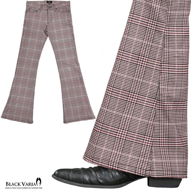 ベルボトム グレンチェック ローライズ ブーツカット メンズ フレア ストレッチ ボトムス パンツ mens(ピンク桃) 222801