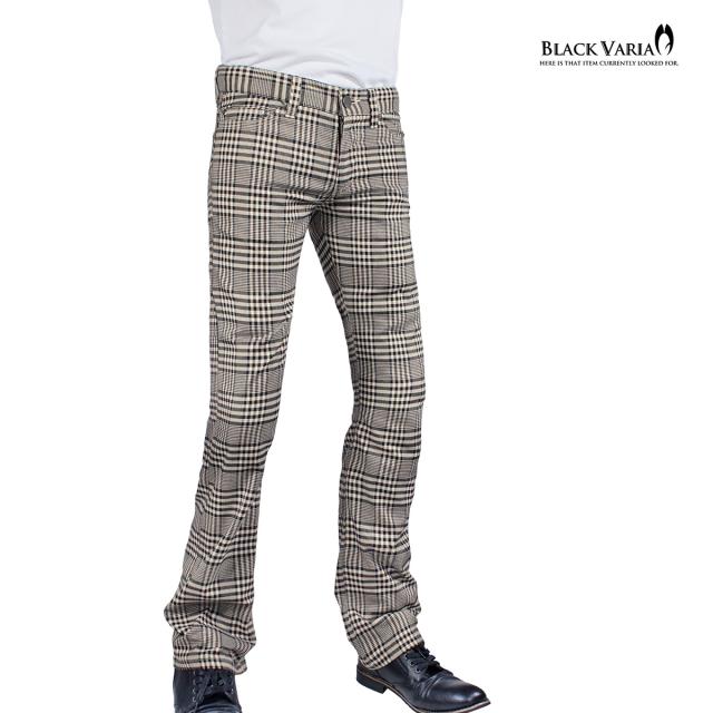 ロングパンツ チェック柄 ブーツカット メンズ 日本製 ローライズ ボトムス シューカット mens(ベージュ茶グレンチェック) 232101