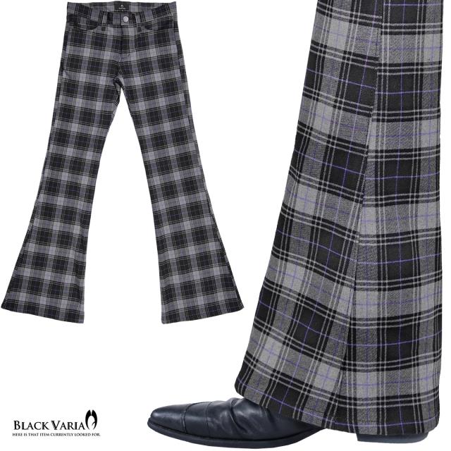 ベルボトム タータンチェック ブーツカット メンズ フレア ストレッチ ローライズ ボトムス パンツ(ブラック黒グレー灰) 232100