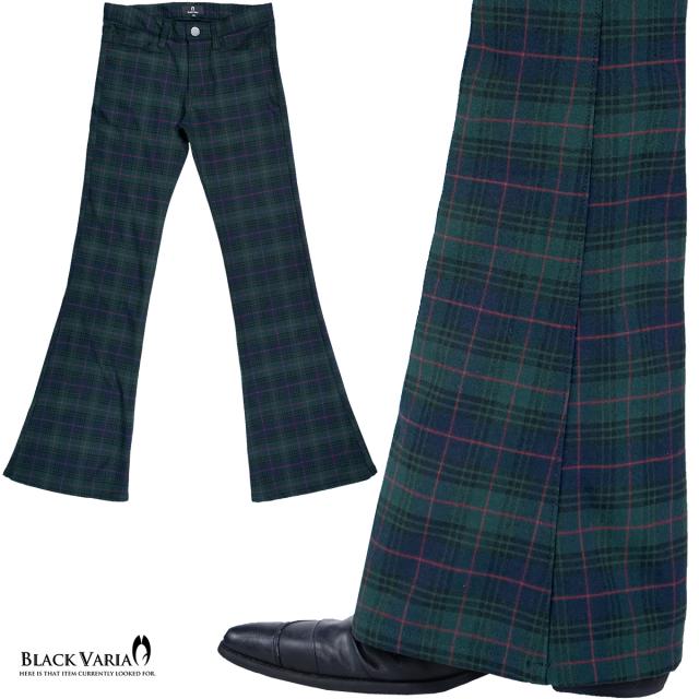 ベルボトム タータンチェック ブーツカット メンズ フレア ストレッチ ローライズ ボトムス パンツ(ネイビー紺グリーン緑) 232100