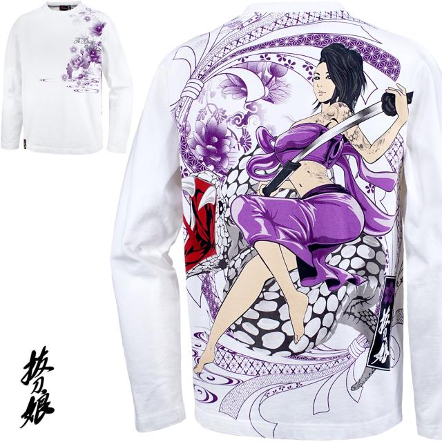 抜刀娘 ばっとうむすめ Tシャツ 長袖 クルーネック 穂乃花 和柄 刺繍 メンズ ロンT mens(ホワイト白) 233304
